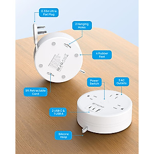 TROND Travel Power Strip - Retractable Extension Cord 5ft Ultra Thin Flat Plug, Retractable Power Strip with 3 AC Outlets 3 USB Ports (2 USB C), Cruise Ship Essentials, for Home Hotel Dorm Room, White