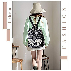 Monique Women Medium Floral Elephant Oxford Backpack Anti-theft Back Zipper Closure Daypack Convertible Shoulder Bag Black