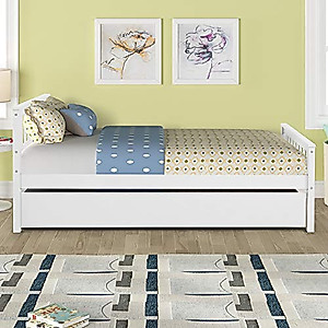Twin Platform Bed with Trundle, Solid Wood Bed Frame with Headboard, Footboard for Teens Boys Girls,No Box Spring Needed (White)