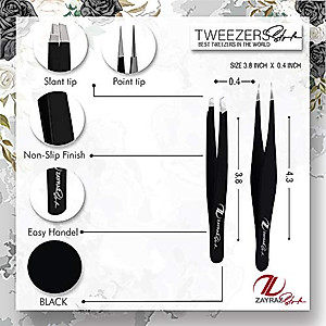 Zayraz style tweezer Set Slant Pointed Tweezer for Ingrown Hair. Precision Sharp Needle Nose Pointed Tweezers for Splinters -Set of Point and Slant Stainless Steel Tweezers for Eyebrow Plucking