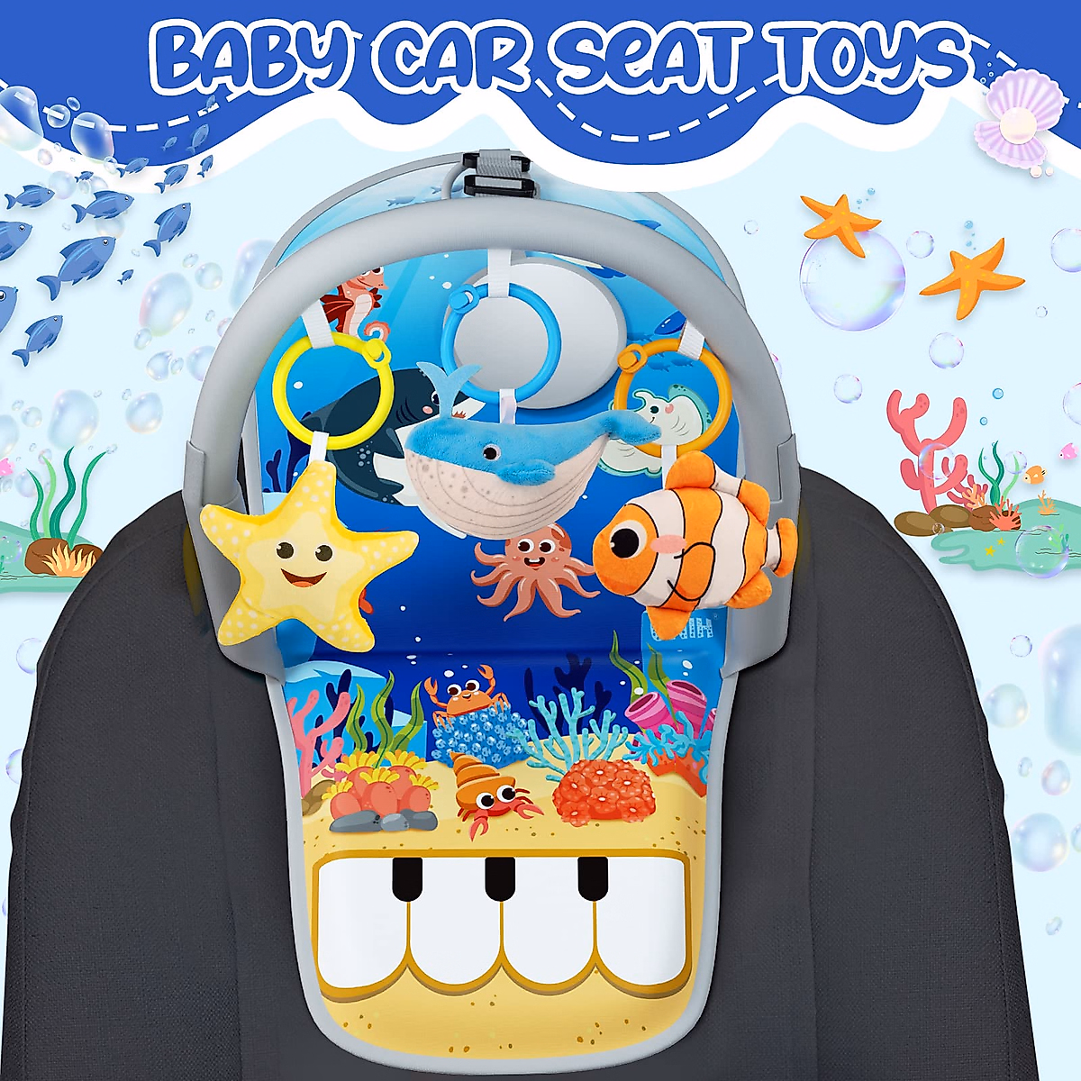 Baby Car Seat Toys for Travel 6 to 12 Months, Adjustable with Musical Pedal Piano, Baby Mirror and Hanging Squeaky Sensory Soft Infant Toys, Rear Facing