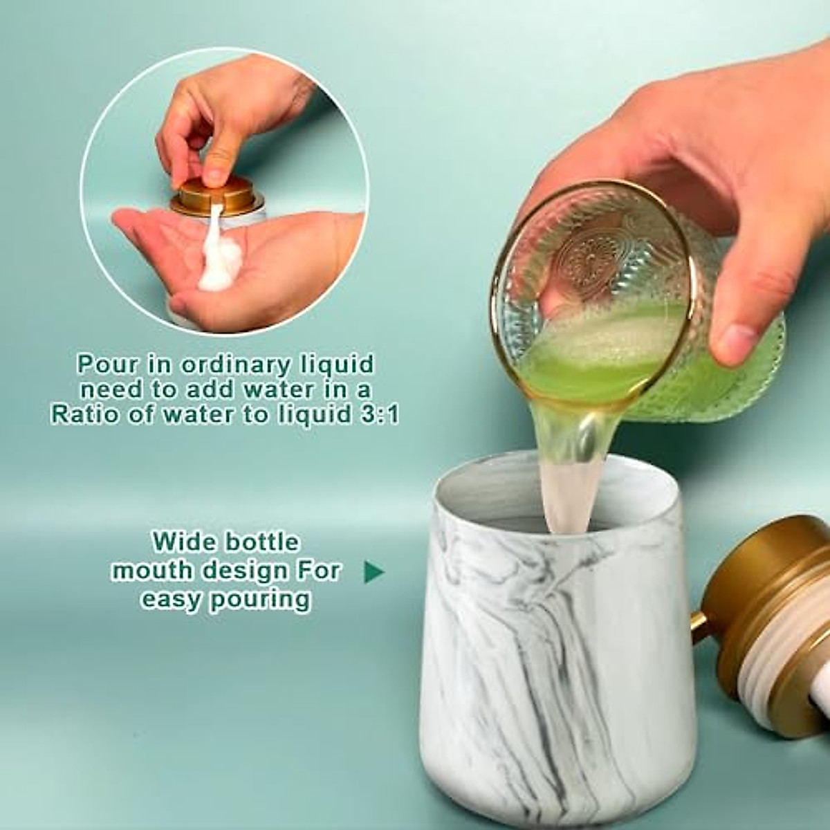 YYW Ceremic Bathroom Accessory Set, 4 Pieces Complete Bath Decor Kit with Imitation Marble Pattern, Foaming Soap Dispenser, Toothbrush Holder, Tumbler and Soap Dish (Grey - 4 Piece Set)