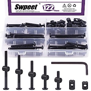 Swpeet 120Pcs Crib Hardware Screws, Black M6 × 35/45/55/65/75mm Hex Socket Head Cap Crib Baby Bed Bolt and Barrel Nuts with 1 x Allen Wrench Perfect for Furniture, Cots, Crib Screws