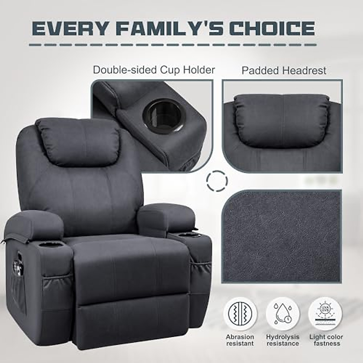 JUMMICO Power Lift Recliner Chair with Massage for Elderly Faux Leather Modern Reclining Sofa Chair with Cup Holders, Remote Control, Adjustable Furniture (Navy Blue)
