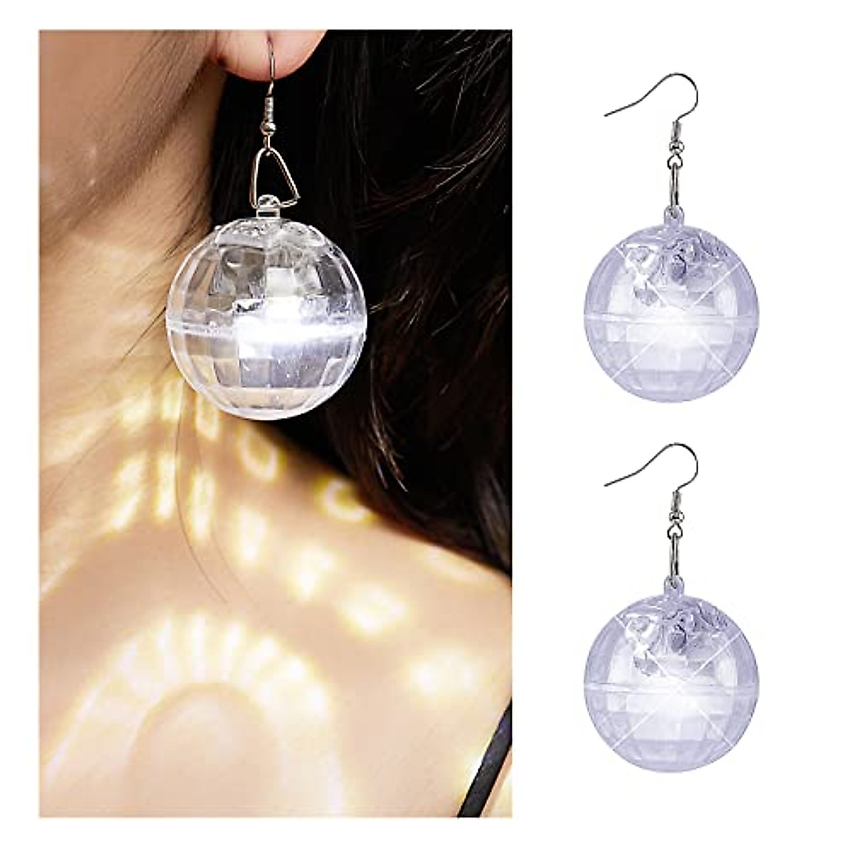 Blinking Disco Earrings Disco Ball Earrings for Women, Led Light Projecting Disco Ball Light Up Earrings for Women, Led Earrings, 60s or 70s Costume Accessories for Halloween Party Dance Party (1Pair)