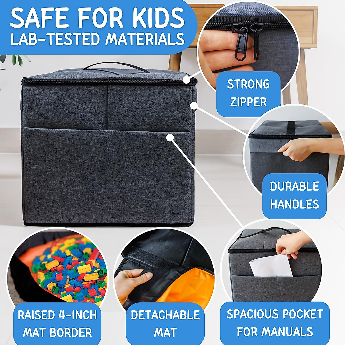 XL Toy Storage Organizer with Play Mat - Storage Bag/Box for Kids, Boys, Girls, Nursery, Playroom - Basket for Building Bricks/Blocks - Collapsible Fabric Cube Bin, 13"x13"x15"