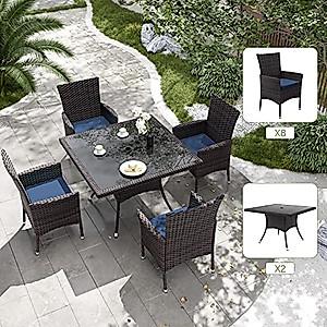 Delnavik 10-Piece Patio Outdoor Dining Set, Wicker Patio Furniture Set of 8 Rattan Chairs with Soft Cushions and Two Square Table with Umbrella Cutout, Navy Blue