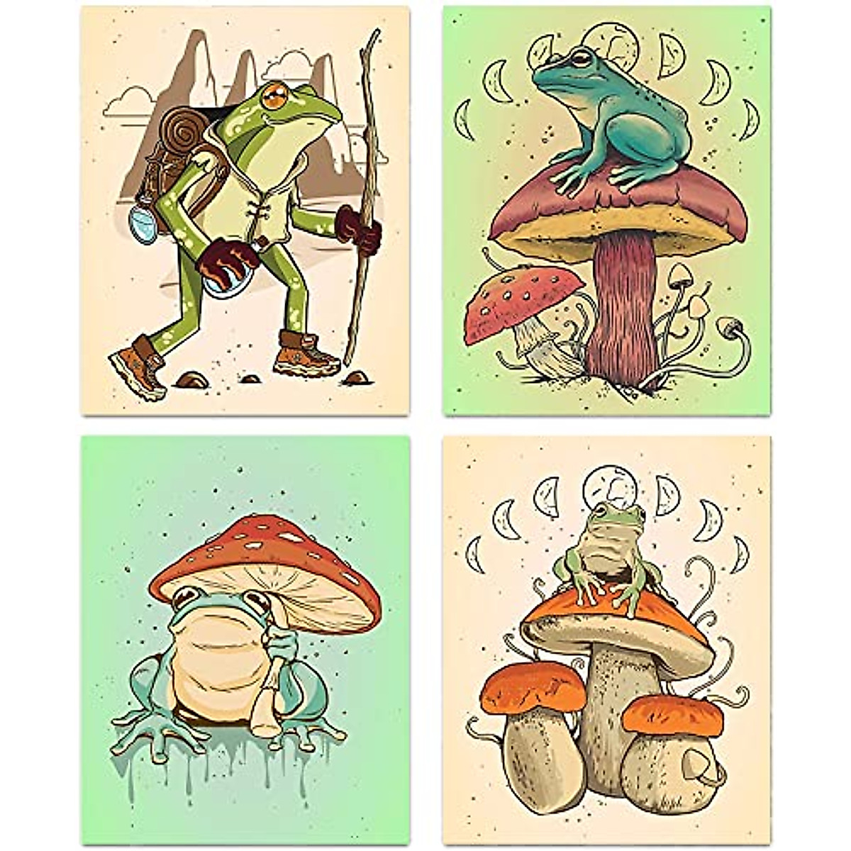 Funny Frog Posters Vintage Frog Mushroom Wall Art Prints, Retro Cute Frog Mushroom Creativity Nature Illustration Canvas Art Prints for Bathroom Bedroom Living Room Decor, Set of 4-(8”x10”, Unframed)
