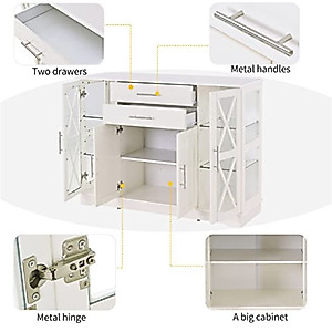 SEASD Functional Sideboard with Tempered Glass Large Storage Space Adjustable Shelf Buffet (White/Black)