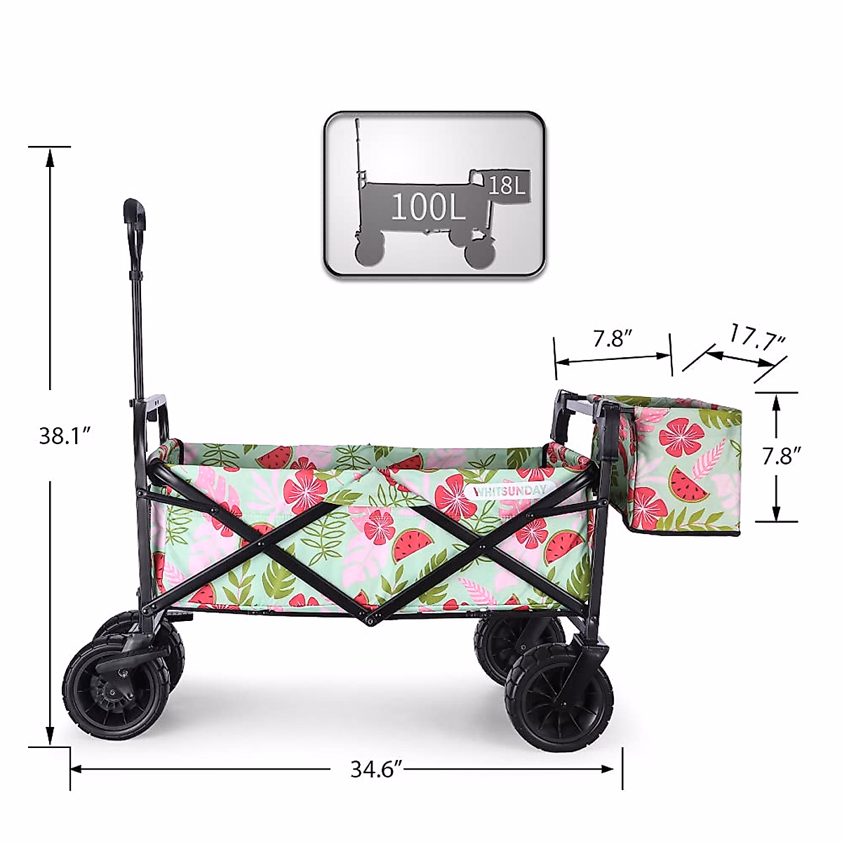 WHITSUNDAY Collapsible Folding Garden Outdoor Park Utility Wagon Picnic Camping Cart with Bearing and Brake 8" All Terrain Wheels with Rear Storage (Summer)
