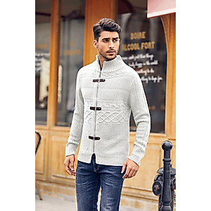 Karlywindow Mens Cable Knitted Cardigan Sweater Turtleneck Long Sleeve Slim Fit Winter Zipper Front Casual Pullover Sweaters