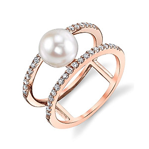 The Pearl Source 7-8mm Genuine Pink Freshwater Cultured Pearl Rose Gold Luna Ring for Women