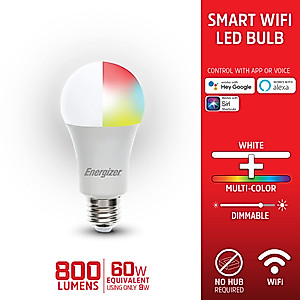 Energizer Connect Smart A19 LED White & Multi-Color RGB Light Bulb with Voice Control and Remote Access Through Your Smartphone | Compatible with Alexa and Google Assistant