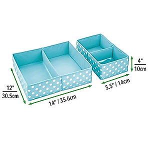 mDesign Fabric 2-Piece Drawer Organizer Bins, Kids/Baby Nursery Dresser, Closet, Shelf, Playroom Organization, Hold Clothes, Toys, Diapers, Bibs, Blankets, Turquoise Blue/White Polka Dot