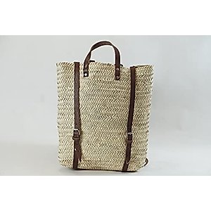 Straw Beach Backpack Basket - French Market Basket - Picnic Moroccan Basket - Made with Seagrass Palm Leaf and Leather Strap - Boho and Hipster Backpack