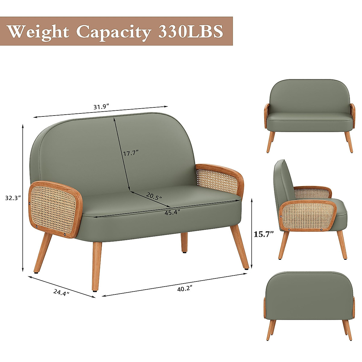 Aklaus 45" W Faux Leather Small loveseat with Natural Rattan Arms,Upholstered Modern Mini Sofa Couch Love Seat Settee Bench with Back for Living Room Bedroom Office Small Space Entryway Green