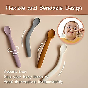 Moonkie Silicone Baby Spoons Set of 4, Soft-Tip Spoons for First Stage Infant Feeding, Bendable, Chewproof Baby Training Spoon Baby Utensils, Ideal for Self-Feeding and Baby Led Weaning