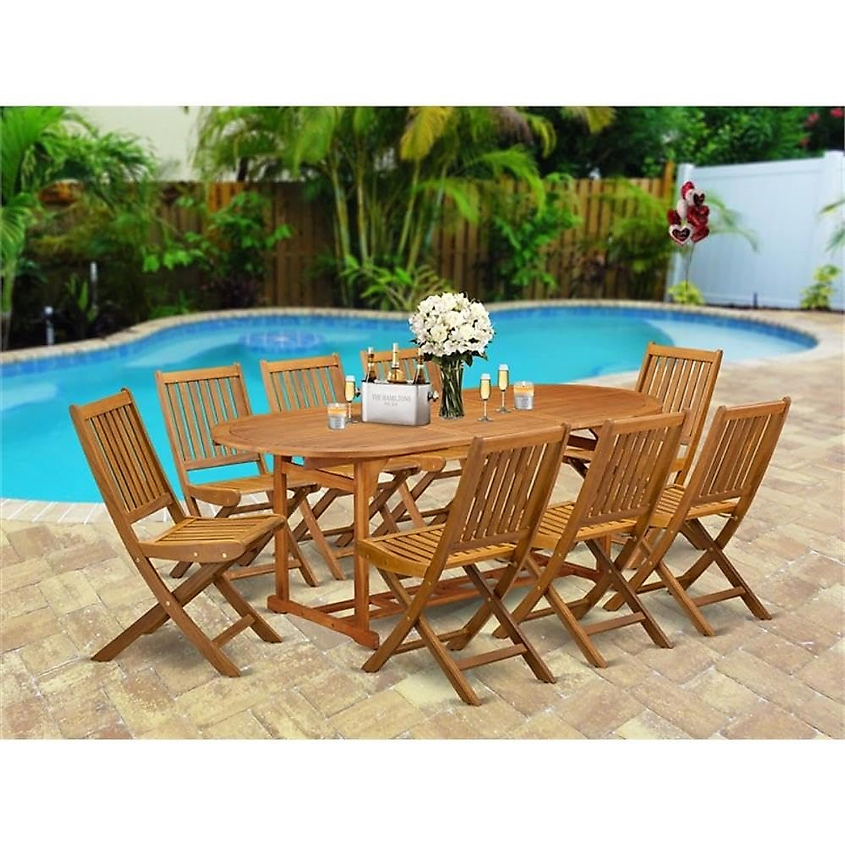East West Furniture BSDK9CWNA 9 Piece Patio Garden Table Set Includes an Oval Outdoor Acacia Wood Dining Table and 8 Folding Side Chairs, 36x79 Inch, Natural Oil