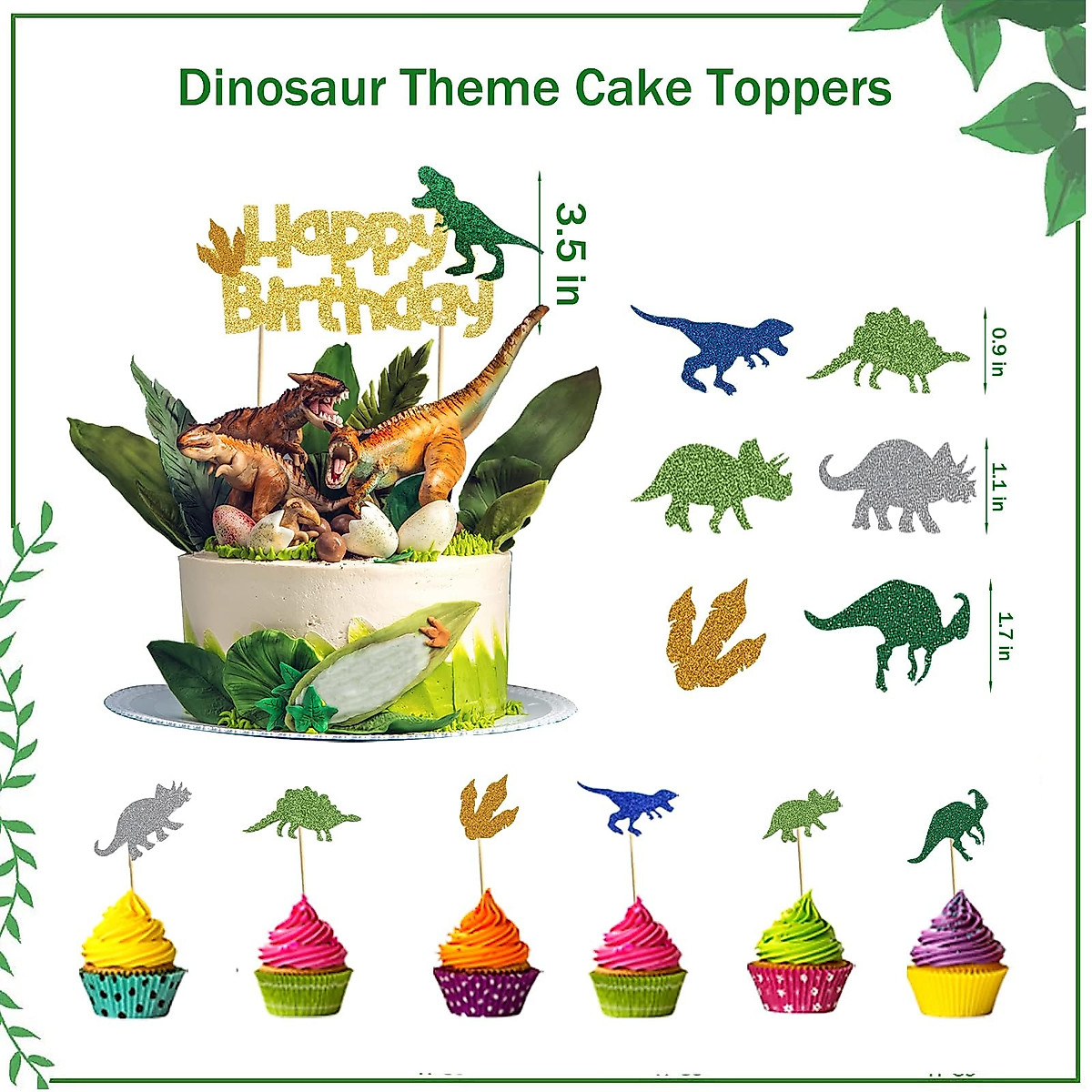 Dinosaur 2nd Birthday Decorations for Boy, Party Inspo Dinosaur Two Rex Happy Birthday Banner Cake Cupcake Toppers, Dinosaur Green