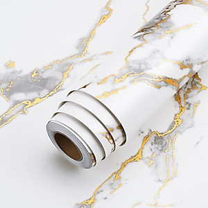 LACHEERY Thick White Marble Contact Paper for Countertops Waterproof Contact Paper Peel and Stick for Cabinets Removable Matte Gold Grey White Marble Wallpaper for Kitchen Bathroom Counter 15.8"x80"