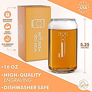 Monogram Beer Glasses for Men (A-Z) 16 oz - Beer Gifts for Men Brother Son Dad Neighbor - Unique Christmas Gifts for Him - Personalized Drinking Gift Beer Glass Mugs - Engraved Beer Can Glass (J)