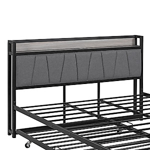 Queen Bed Frame with Trundle and Outlet & USB Ports Metal Platform Bed with Upholstered headboard, Queen Size Metal Panel Bed with Shelf, Noise-Free, No Box Spring Needed, Black with Gray