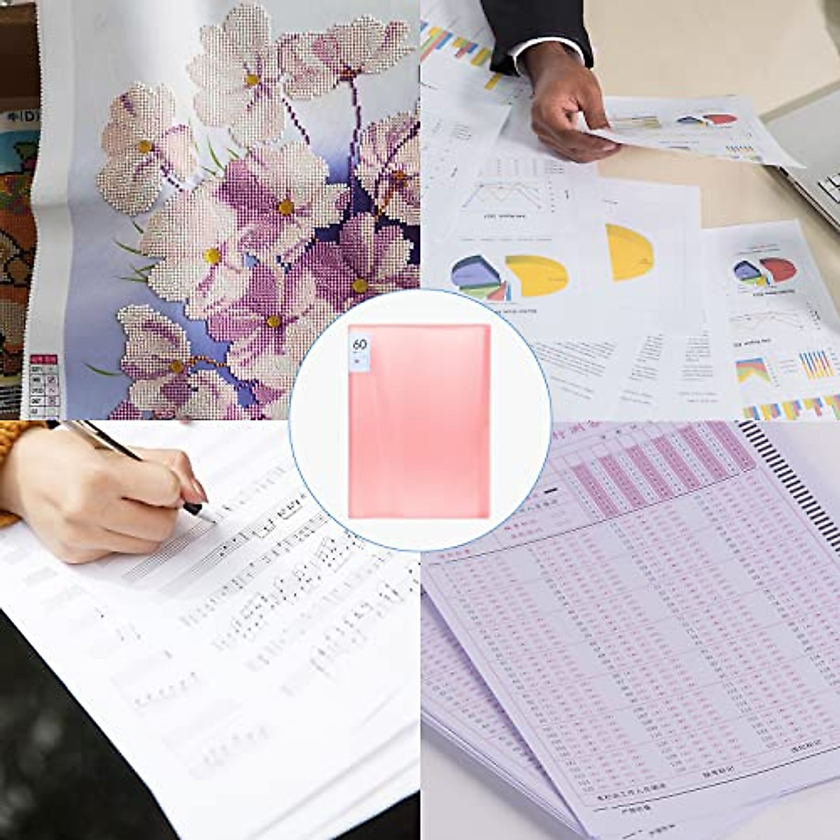 MEGREZ A3 Diamond Painting Storage Book, Large Portfolio Folder for Artwork, Report Sheet, Art Painting Storage Book with 60 Pockets Clear Sleeves, Pink