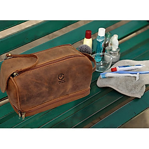 RUSTIC TOWN Genuine Leather Travel Toiletry Bag - Dopp Kit Organizer (Brown)