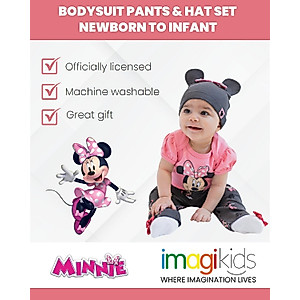 Disney Minnie Mouse Newborn Baby Girls Bodysuit Pants and Hat 3 Piece Outfit Set 3-6 Months