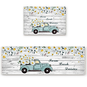 Kitchen Rugs and Mats Sets of 2 Truck Daisy Flower Non-Slip Rubber Backing Area Rugs Washable Runner Carpets for Floor, Kitchen Wild Floral Fresh Design Farmhouse Plank 15.7x23.6+15.7x47.2inch