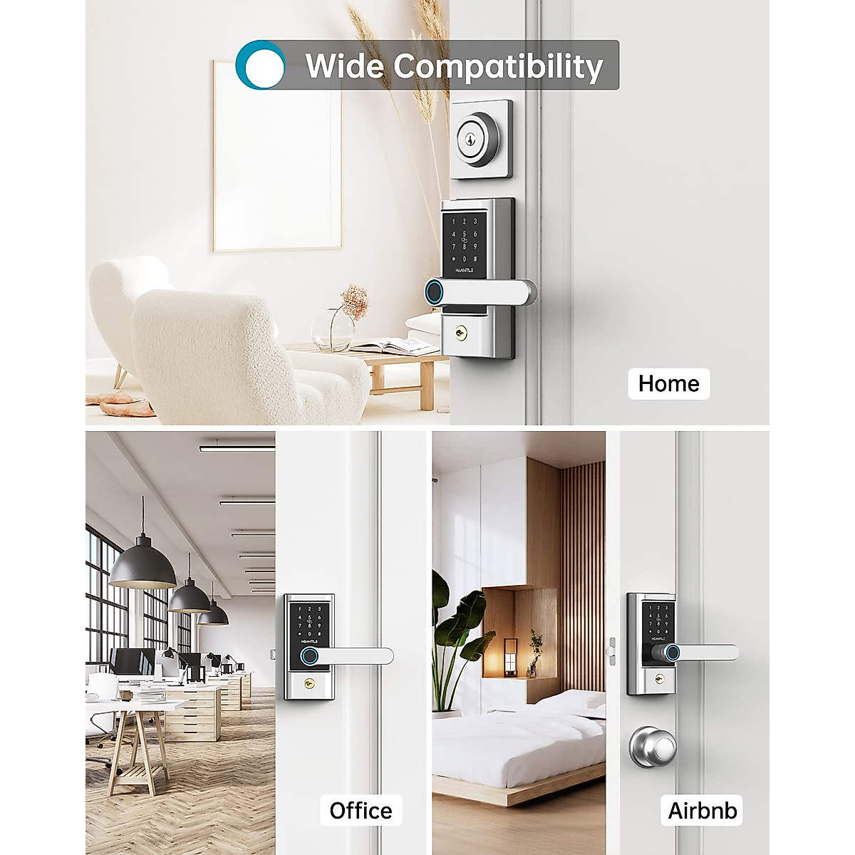 Smart Lock Keyless Entry Door- HEANTLE Fingerprint Bluetooth Electronic Lever Touchscreen Keypad Deadbolt Alternative Digital Handle for Front Door Auto Lock Compatible with Alexa Silver