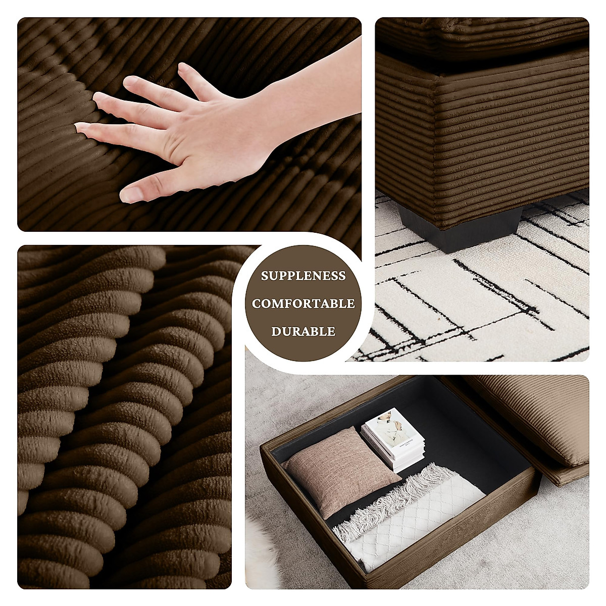 Corduroy U-Shaped Sofa Couch 157.5" Brown Comfy Modular Couch Oversized Couch with Storage Ottoman Cloud Couch 4 Seater Extra Deep Sofa Couch,Sectional Couches for Living Room