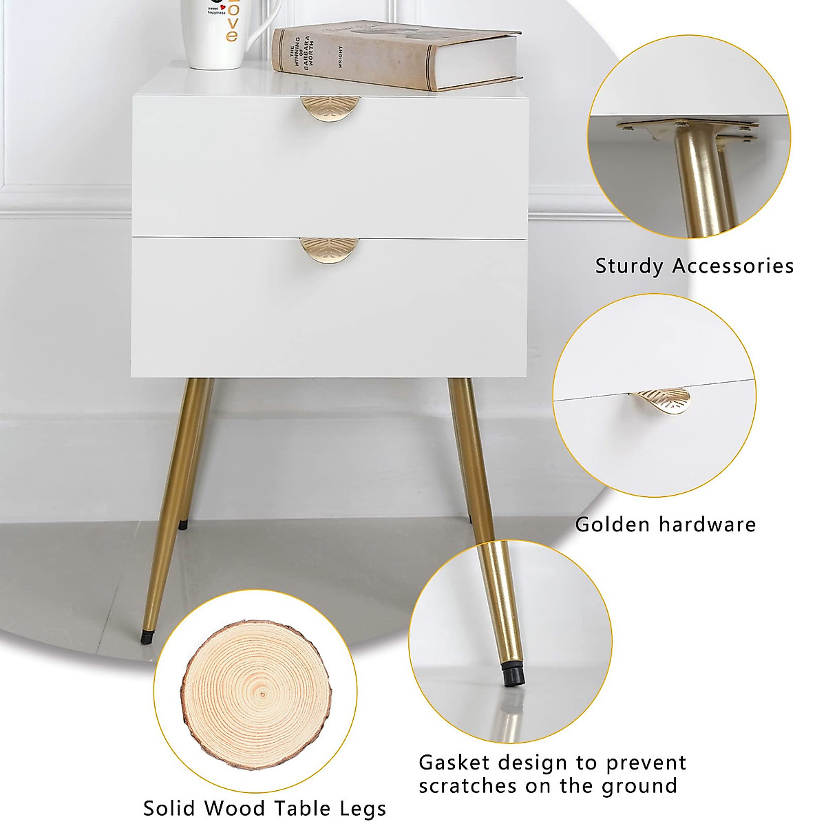 Cloud Space White Nightstand with Drawers, Mid Century Modern Bedside Table Set of 2, Wood Small Side End Table for Living Room, Patio,Dorm,Bedroom