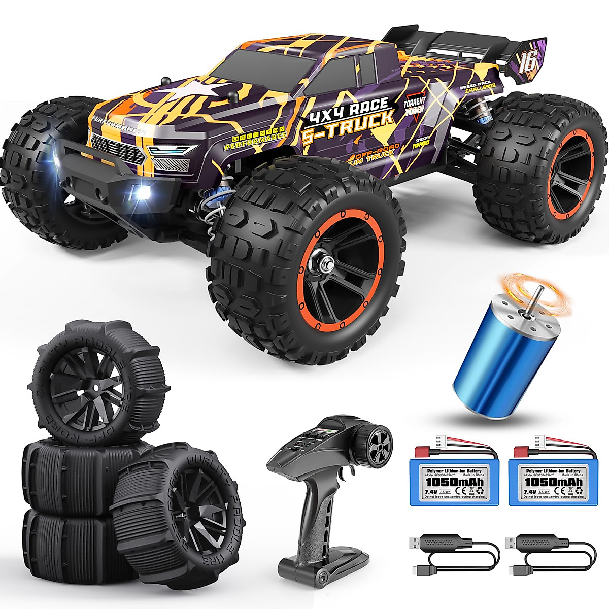 HAIBOXING Brushless RC Car 16890A 1/16 Scale 4X4 Fast Remote Control Truck 48 KM/H Top Speed, Hobby RC Cars for Adults and Boys All Terrain Off-Road Truck with Spare Paddle Tires for Sand Land