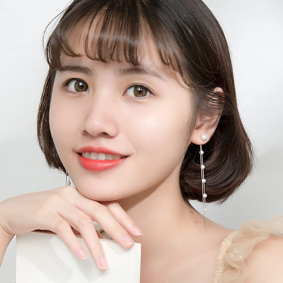 SLUYNZ 925 Sterling Silver Simulated Shell Pearl Dangle Earrings Chain for Women Elegant Long Dangle Earrings Tassel Wedding Dangle Earrings (A-Silver)