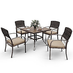 Patio Dining Set for 4, 5PCS Patio Table & Chair Set,Plastic-Wood Table Top with 1.6" Umbrella Hole, All-Weather Wicker Patio Dining Furniture with Removable Cushions for Deck, Lawn, Garden(Beige)