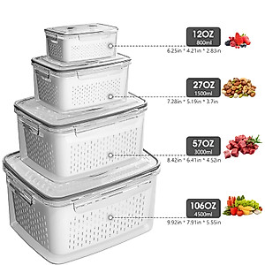 EsOfficce 4 PCS Vegetable Fruit Storage Containers for Fridge, Takeout Food Storage Containers with Removable Colander, Dishwasher Safe Produce Saver Container, Keep Fruit Vegetable Fresh Longer