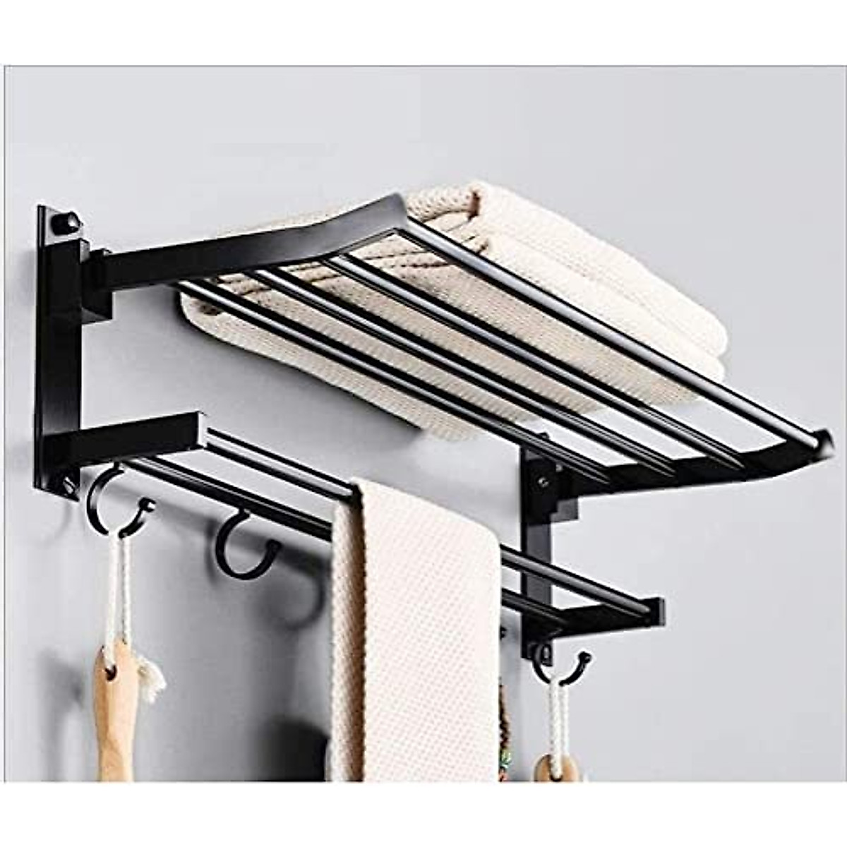 Towel Racks, Towel Rack Towel Holder Bathroom Towel Rail Foldable Double Towel Holder Bathroom Shelf Wall Towel Rack with Hooks Shelf Storage Rack Wall Shelf Organizer Bath Towel Holder/Black/60Cm