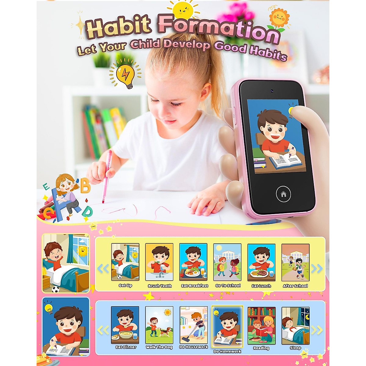 shiningstone Kids Toy Phone, Toddler Phones with MP3 Music Player, Dual Camera, Flashlight, Timer, Calculator, Habit Recorder, Kids Smart Phone for Girls and Boys 3-8 Years-Pink