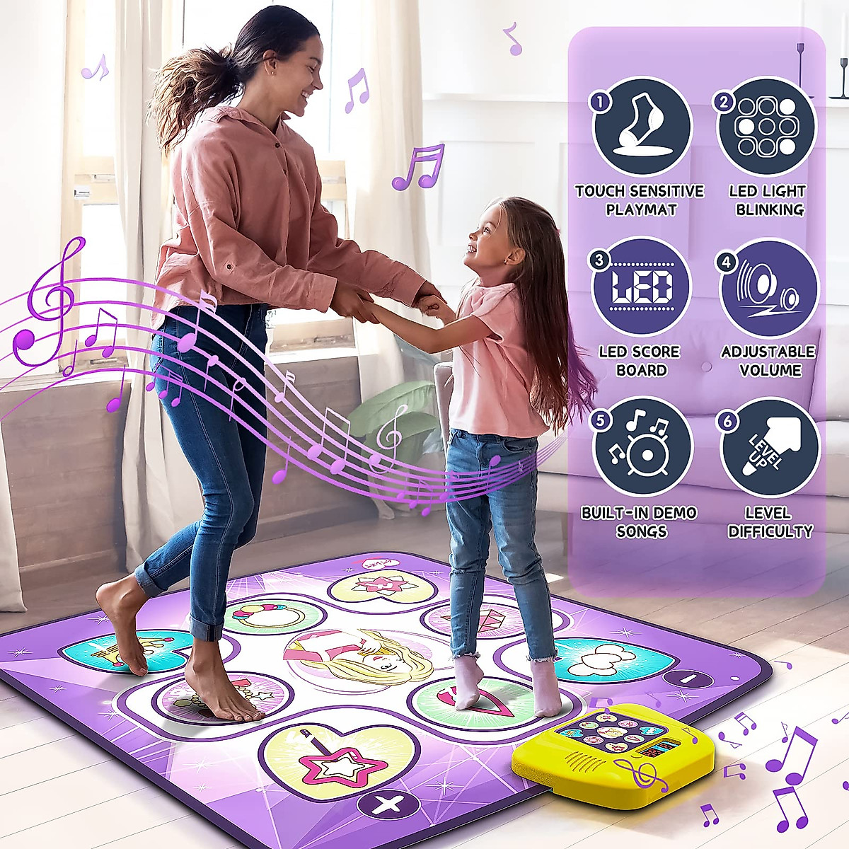 beefunni Dance Mat, Girls Toy Gift for Ages 3 4 5 6, LED Dance Pad with 5 Fun Game Modes, Adjustable Volume, 3 Challenge Levels, Built-in Music, Birthday Present for 3 4 5 6 Year Old Girls(Non-Slip)