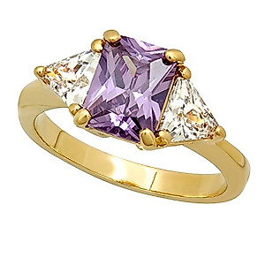 The Bling Factory Gold Plated Emerald-Cut Light Lavender CZ Three-Stone Ring, Size 8