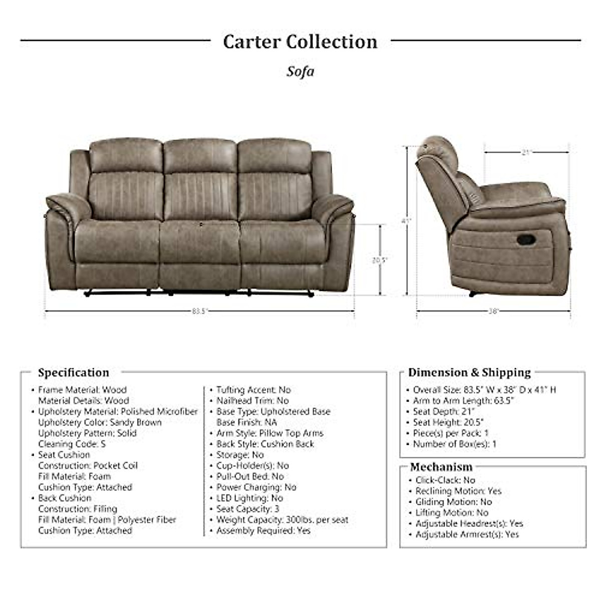 Lexicon Carter Double Reclining Sofa, Sandy Brown