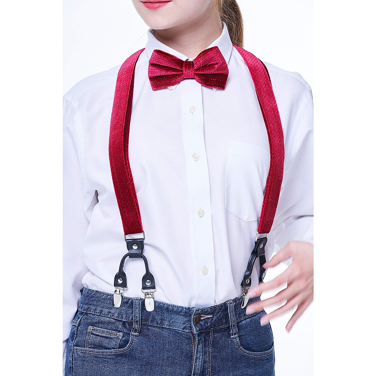 TIE G Men's Glitter Velvet Suspender + Bow Tie Set for Wedding, Party : Glittering Effects, Adjustable Braces, Strong 6 Clips (Twinkle Silver)