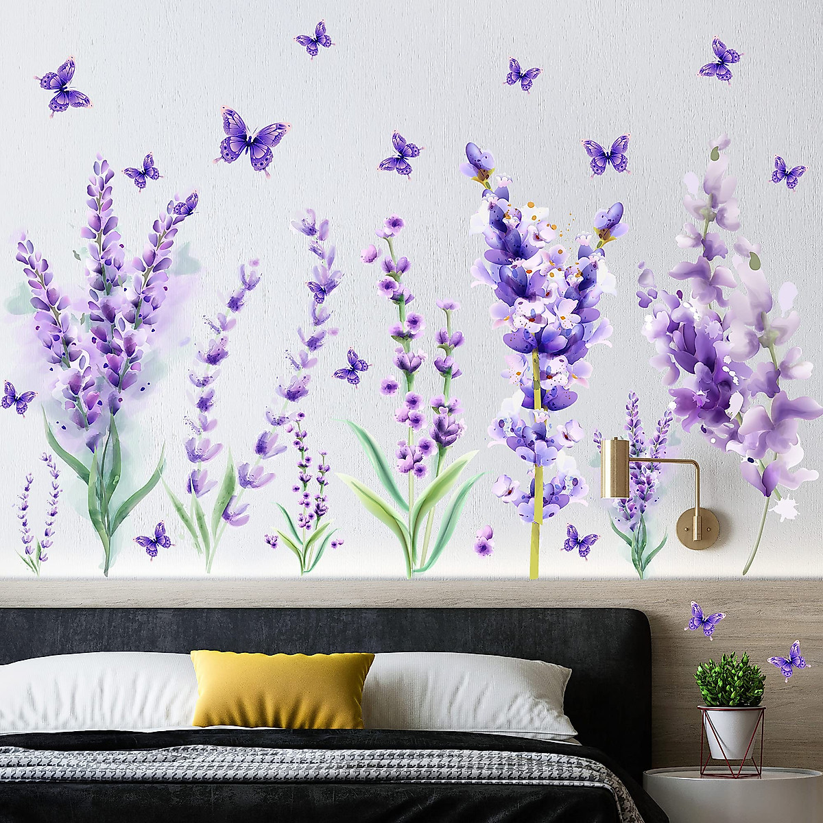 Removable Purple Lavender Wall Decals Purple Flowers Butterfly Wall Stickers DIY Removable Watercolor Floral Flowers Butterfly Wall Art Murals for Kids Girls Bedroom Living Room Nursery Office DT-6009