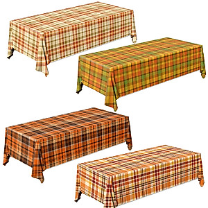 Lenyunge 4PCS Orange Fall Plaid Tablecloth,Checkered Thanksgiving Disposable Tablecloth Waterproof Plastic Autumn Buffalo Plaid Table Cloth for Fall Thanksgiving,54x108Inch