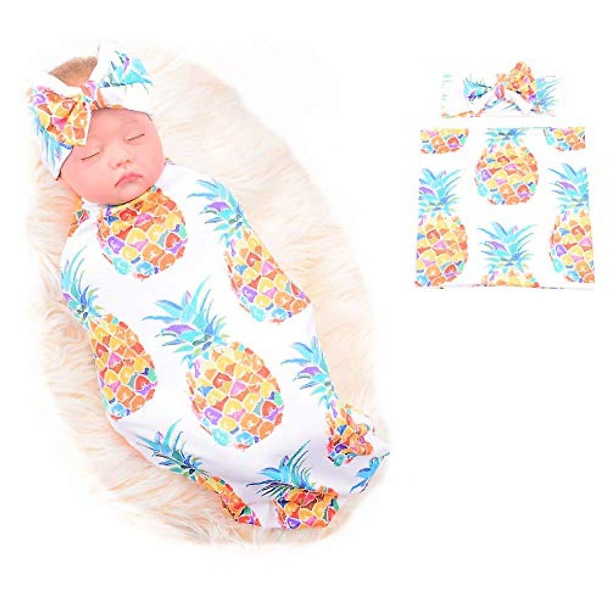 LINFON Newborn Baby Sleep Print Swaddle Blanket Large and Bow Headband Value Set Receiving Blankets (Pineapple)