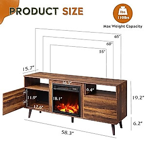 WLIVE TV Stand for 65 Inch TV, 58 Inch Entertainment Center with 18 Inch Electric Fireplace, Media Console with 2 Storage Cabinets for Living Room, Bedroom and Office, Rustic Brown