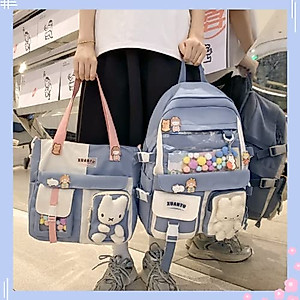MeganJDesigns 2Pcs Kawaii Backpack for Teen Girls Aesthetic Student, Gift for Back to School, Travel Daypack Shoulder Bag Girls (Blue)