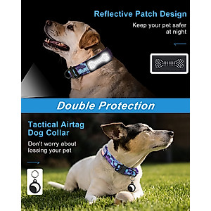 Hotsky Tactical Dog Collar and Leash Set, Heavy Duty Military Airtag Dog Collar with Handle and Metal Buckle for Training and Walking, with Airtag Holder and Two Patches(Purple Camo, L)