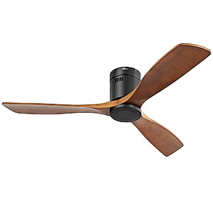 Sofucor 52 Inch Low Profile Ceiling Fan 3 Carved Wood Fan Blade Noiseless Reversible DC Motor Remote Control Without Light Flush Mount Farmhouse Ceiling Fan No Light for Low Ceiling